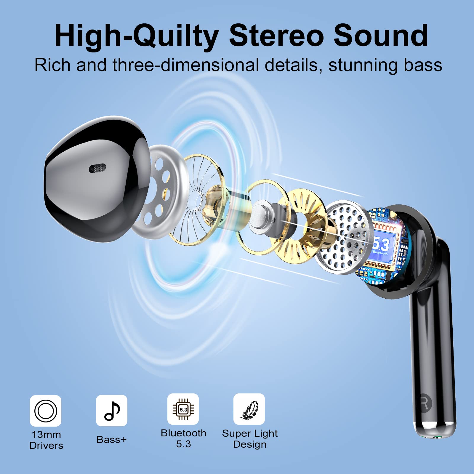 Aptkdoe Wireless Earbuds, Bluetooth 5.3 Headphones with Hi-Fi Stereo Clear Call Mic, 30 Hrs Playtime Bluetooth Earbuds Touch Control with LED Display, IPX7 Waterproof Earphones for iOS Android Laptop