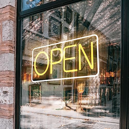LED Open Sign for Business, FOOPPLY LED Neon Signs for Shop Windows and Doors of Shop, Bar, Restaurant, LED Letters with Open/Closed Sign and Business Hours Signs (Warm Horizontal Open)