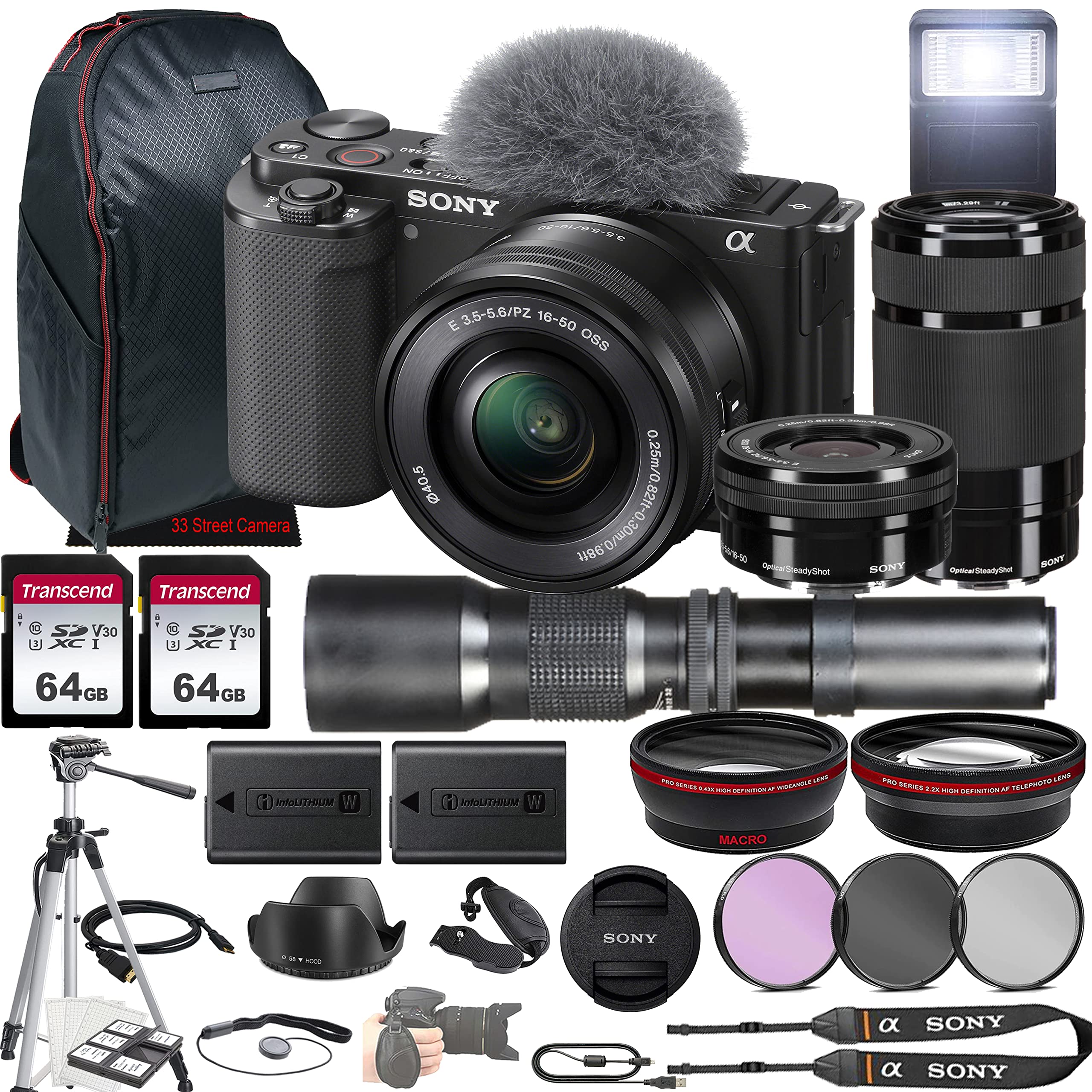 Sony ZV-E10 Mirrorless Camera w/E PZ 16-50mm f/3.5-5.6 OSS Lens + E 55-210mm f/4.5-6.3 OSS Lens + 500mm f/8 Focus Lens + 2X 64GB Memory + Case + Filters + Tripod & More (35pc Bundle)