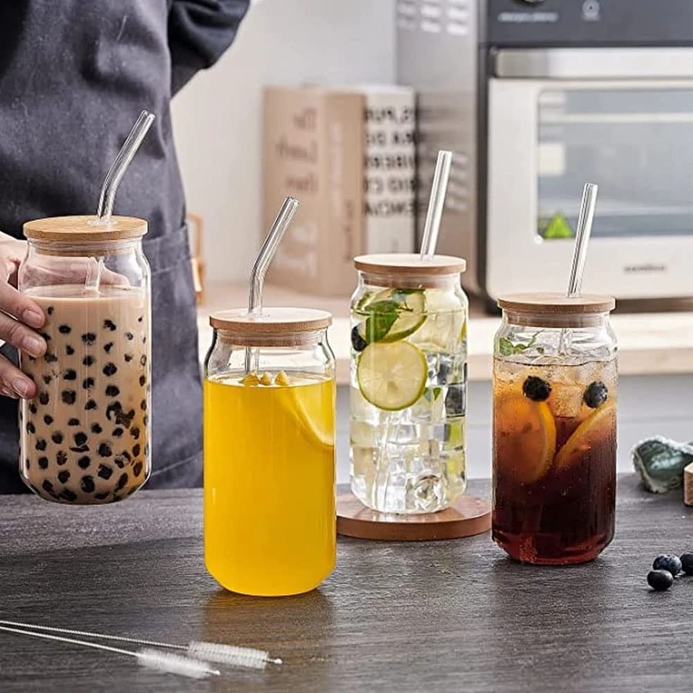 AGGICE Drinking Glass with Bamboo Lids and Glass Straw, 16Oz Can Shaped Glass Cup, Mason Jar Coke Cup Beer Glass Cocktail Glass Fruit Tea Cup Milkshake Glass Coffee Cup include Cleaning Brush