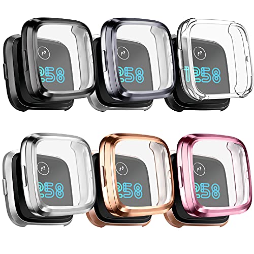[6 Pack] Mugust Screen Protector Compatible with Fitbit Versa 2 Case, TPU Plated Full Around Protective Case Cover (Black, Space Gray, Silver, Rose Gold, Rose Pink, Clear)