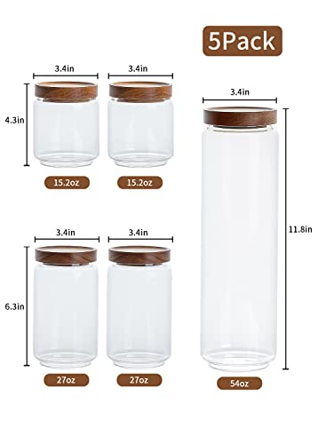 Kanwone Airtight Food Storage Containers with Bamboo lids set of 5, Stackable Food Storage Containers, Glass Canisters for Pantry, kitchen, Flour, Sugar, Tea, Coffee, Pasta, Cookies, Rice and Spice