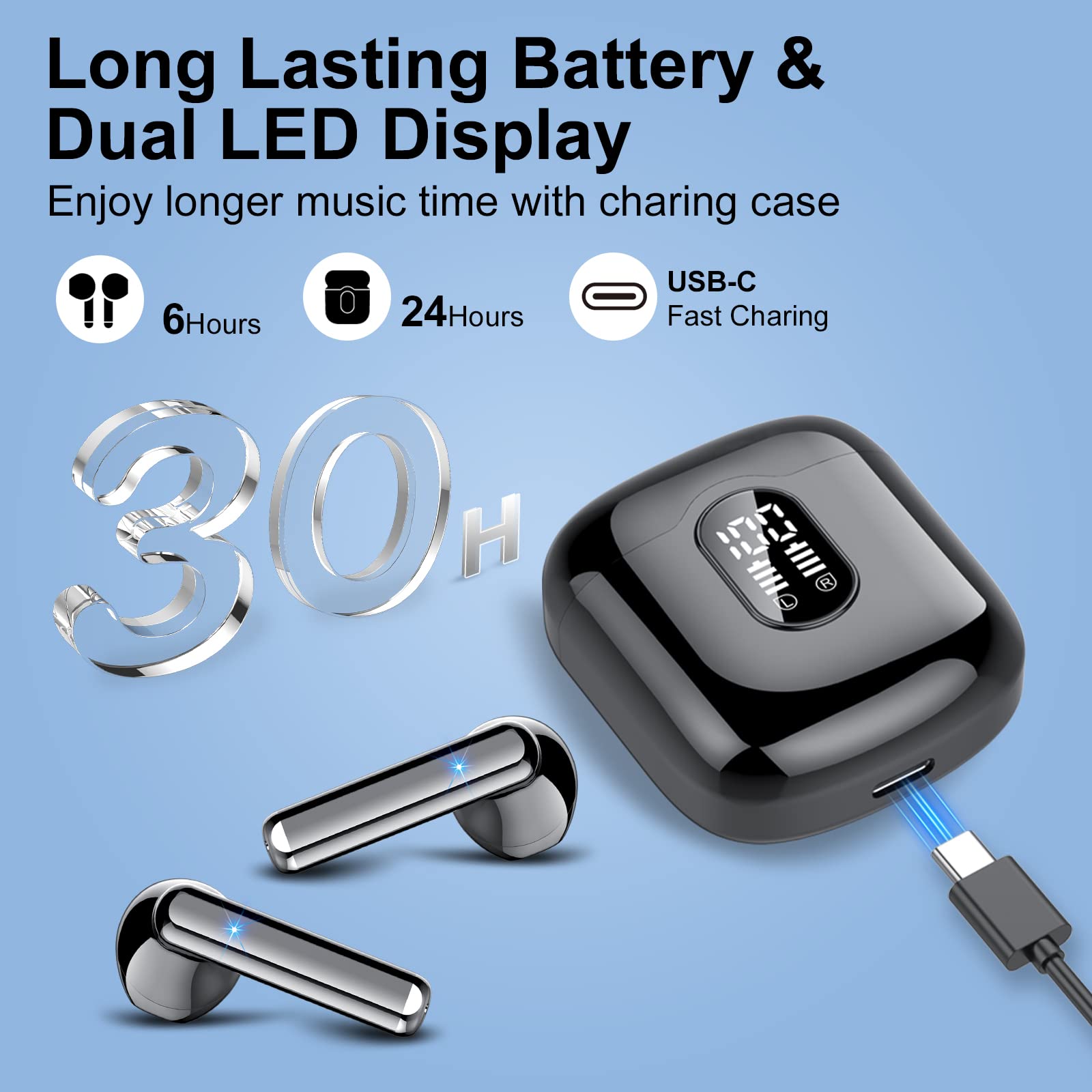 Aptkdoe Wireless Earbuds, Bluetooth 5.3 Headphones with Hi-Fi Stereo Clear Call Mic, 30 Hrs Playtime Bluetooth Earbuds Touch Control with LED Display, IPX7 Waterproof Earphones for iOS Android Laptop