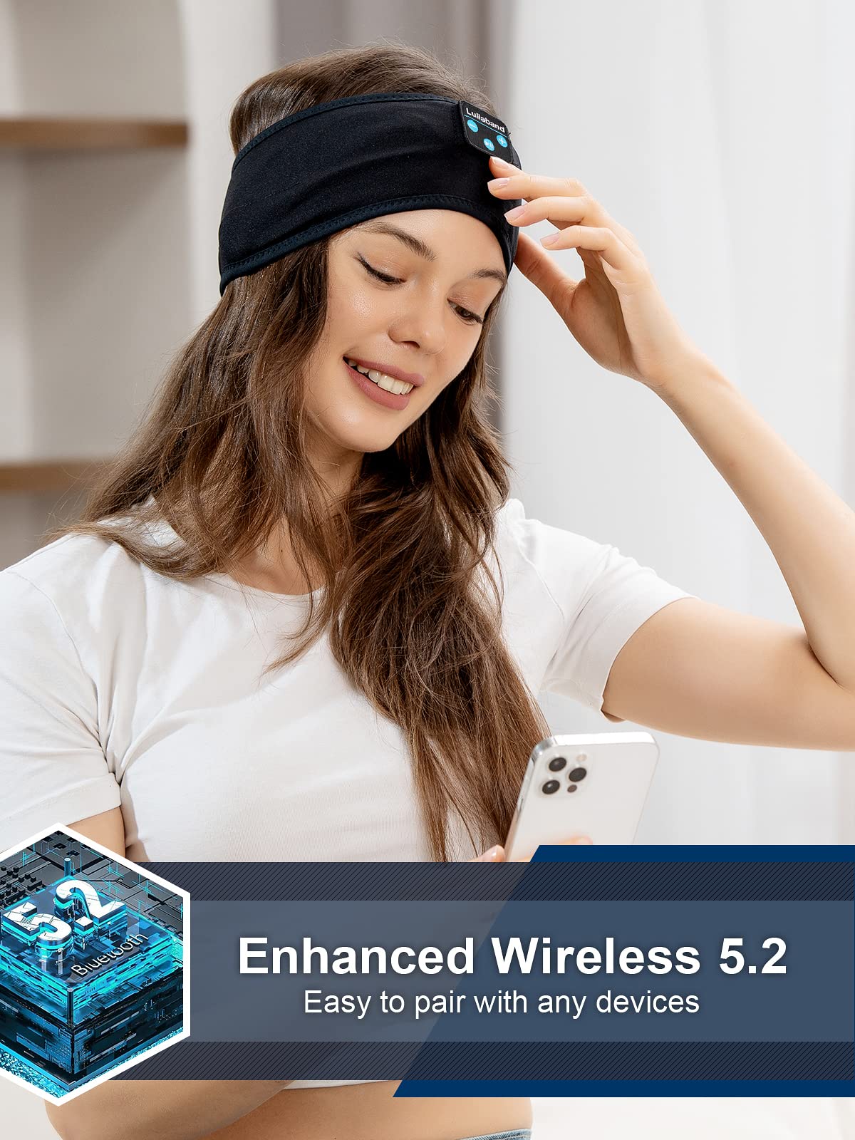 Lullaband Bluetooth Headband Headphones, Sleep Headphones for Side Sleepers, Sleeping Headphones Comfortable Headband with Thin Speaker Microphone Handsfree Gift