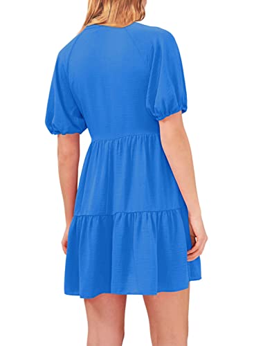 Dokotoo Womens 2023 Boho Spring Summer Dresses Flowy Casual V Neck Puff Short Sleeve Aline Short Mini Sun Dress Blue Medium
