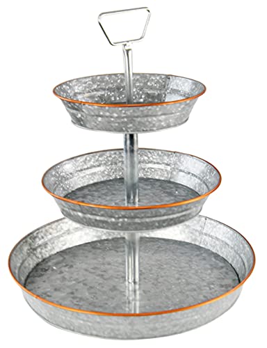HOME-X Galvanized 3-Tier Stand, Rustic Home Decor, Farmhouse Kitchen Tray, Metal Fruit Stand and Dessert Stand, Tier Party Serving Tray, 17" D x 19 ½” H, Silver