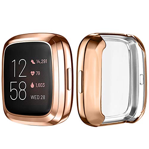 [6 Pack] Mugust Screen Protector Compatible with Fitbit Versa 2 Case, TPU Plated Full Around Protective Case Cover (Black, Space Gray, Silver, Rose Gold, Rose Pink, Clear)
