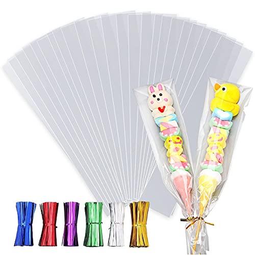 LEOSINDA 100pcs 3 X 11 Clear Long Flat Gift Wrap Cellophane Bags Cookie Bags with 6 Mix Colors Twist Ties Cello Goodie Treat Bags Bakery Party favor Packaging 1.3milā¦