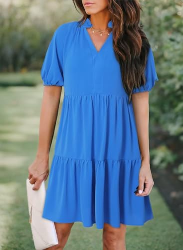 Dokotoo Womens 2023 Boho Spring Summer Dresses Flowy Casual V Neck Puff Short Sleeve Aline Short Mini Sun Dress Blue Medium