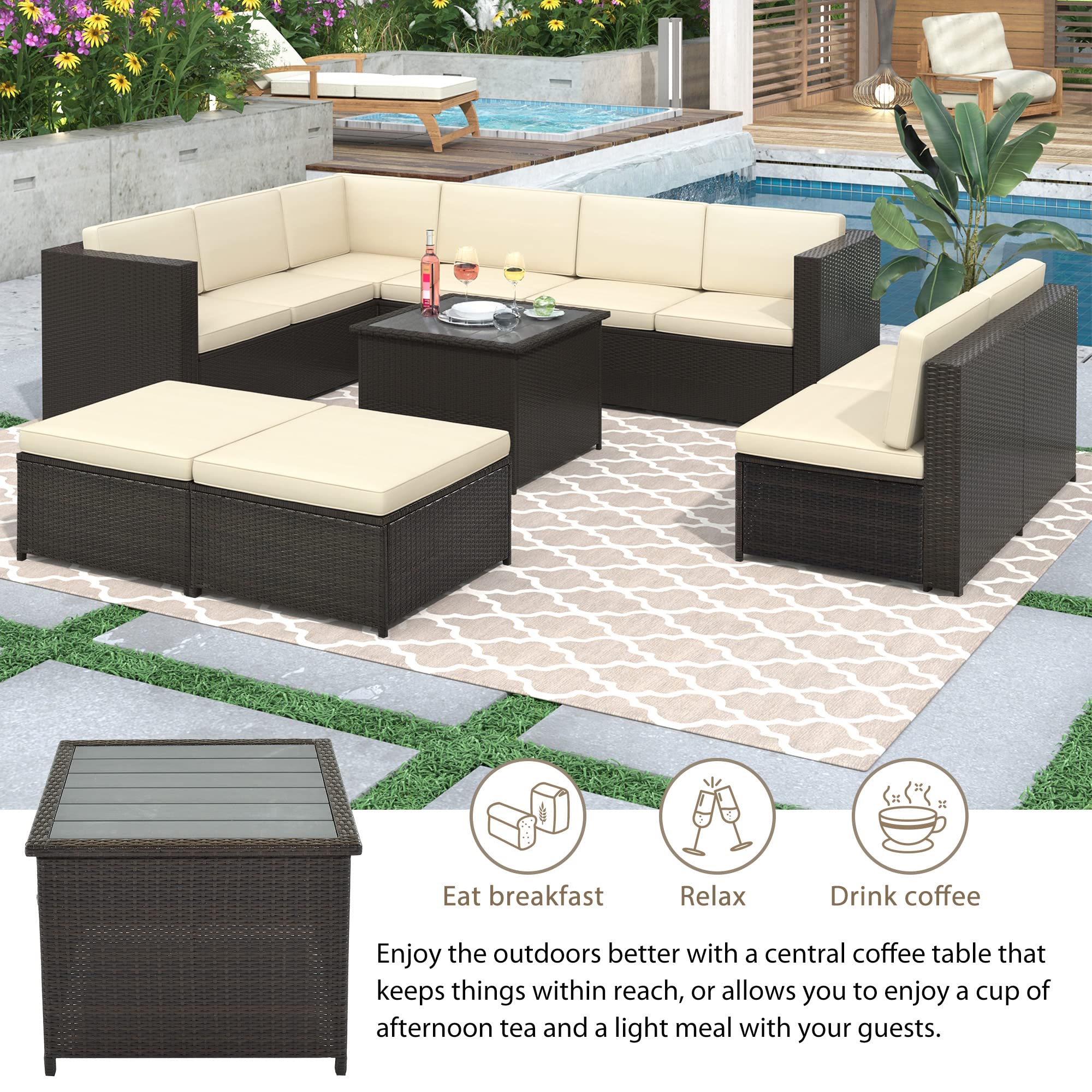 Merax 9 Piece Patio Furniture Set Outdoor Conversation PE Wicker Rattan Sectional Sofa, Coffee Table and Ottoman, Beige