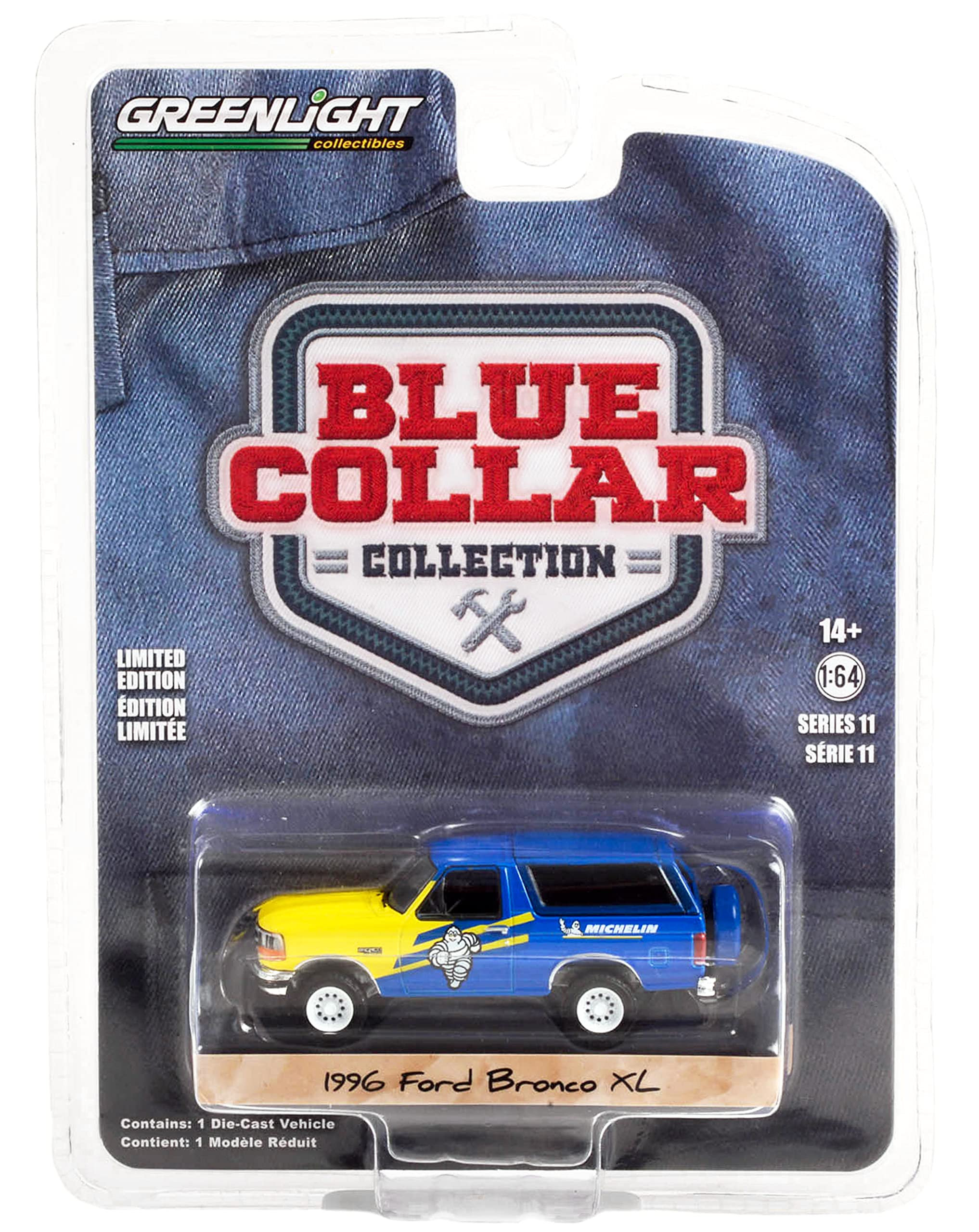 1996 Bronco XL Blue and Yellow Michelin Tires Blue Collar Collection Series 11 1/64 Diecast Model Car by Greenlight 35240 D