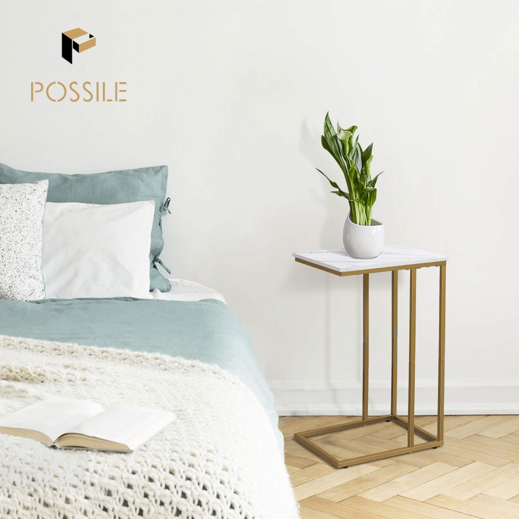Possile C Shaped End Table Set of 2, Small Side Table for Sofa and Bed, Couch Tables That Slide Under, Snack Side Table for Living Room, Bedroom, White Faux Marble and Gold