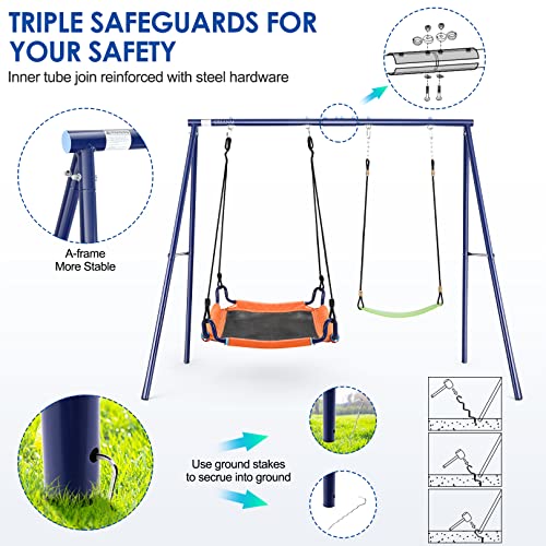 Swing Sets for Backyard - Outdoor Swing Set for Kids Adults with Heavy Duty Metal A-Frame Stand, Adjustable Platform Saucer Swing Seat and Belt Swing Seat Playground Playset Holds 440 lbs Blue