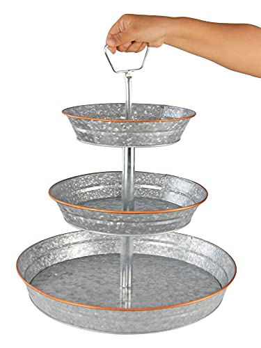 HOME-X Galvanized 3-Tier Stand, Rustic Home Decor, Farmhouse Kitchen Tray, Metal Fruit Stand and Dessert Stand, Tier Party Serving Tray, 17" D x 19 ½” H, Silver
