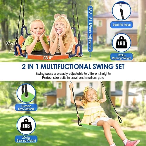Swing Sets for Backyard - Outdoor Swing Set for Kids Adults with Heavy Duty Metal A-Frame Stand, Adjustable Platform Saucer Swing Seat and Belt Swing Seat Playground Playset Holds 440 lbs Blue