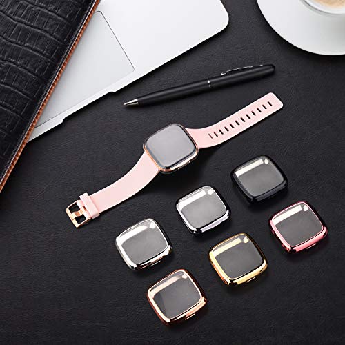 [6 Pack] Mugust Screen Protector Compatible with Fitbit Versa 2 Case, TPU Plated Full Around Protective Case Cover (Black, Space Gray, Silver, Rose Gold, Rose Pink, Clear)