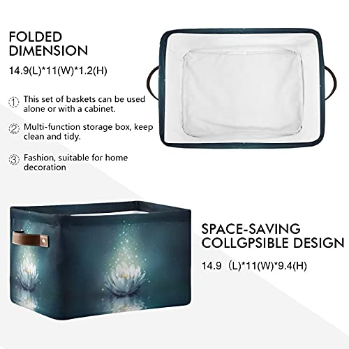 Rectangular Storage Bin Cube Magic Lotus Floral Foldable Organizer Basket with Handles, Glowing Waterlily Flower Floating On Pond Artwork Collapsible Storage Box Kid Toy Shelf Closet Nursery