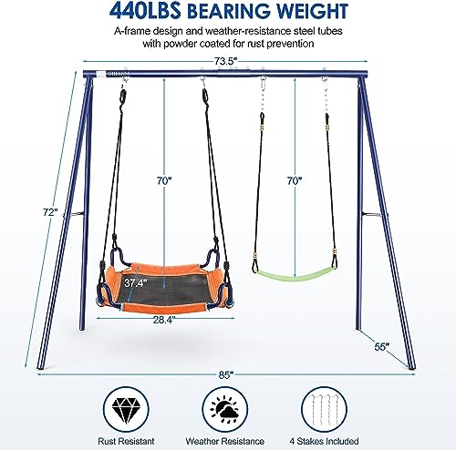Swing Sets for Backyard - Outdoor Swing Set for Kids Adults with Heavy Duty Metal A-Frame Stand, Adjustable Platform Saucer Swing Seat and Belt Swing Seat Playground Playset Holds 440 lbs Blue