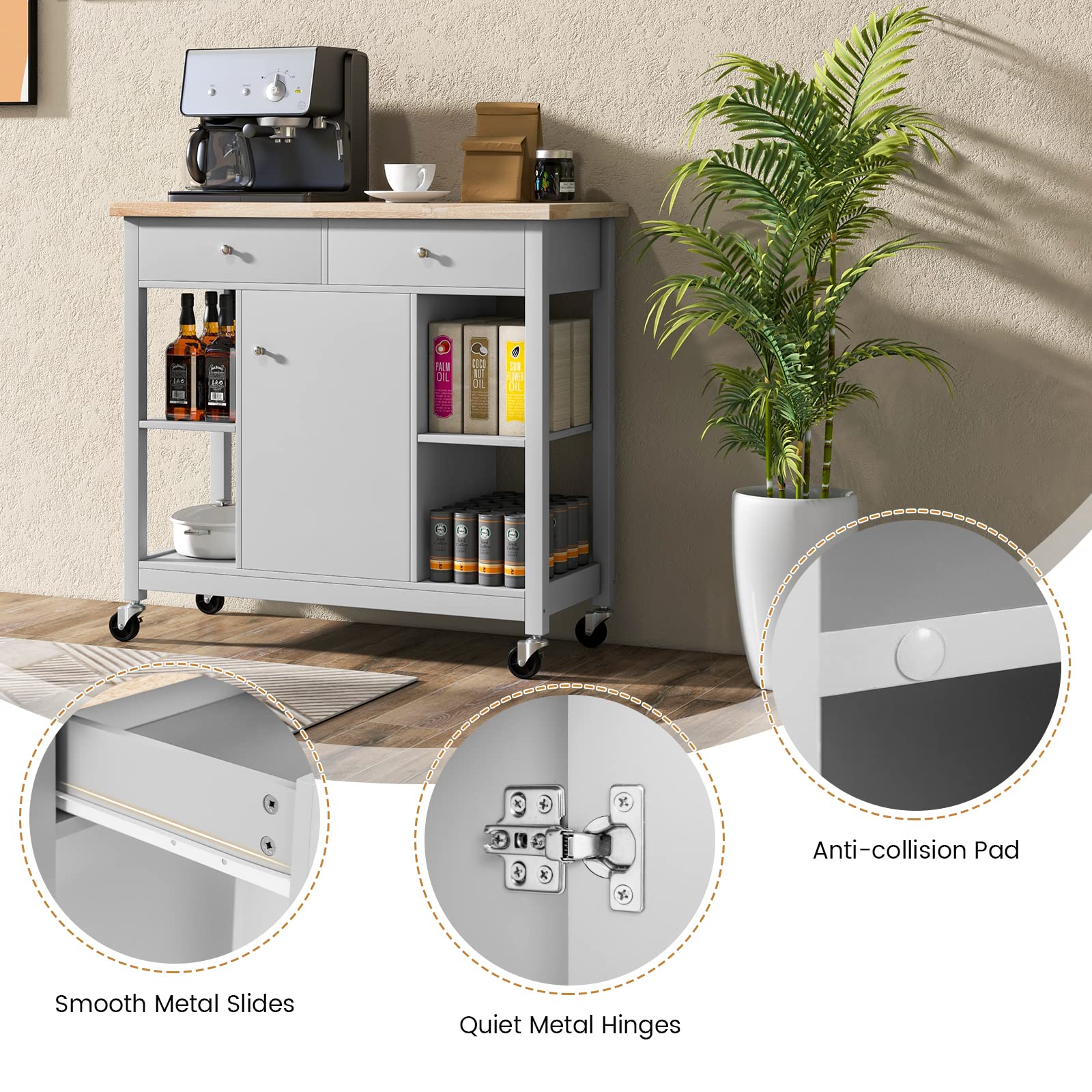LOKO Kitchen Island on Wheels, Rolling Kitchen Serving Cart with 2 Drawers, 4 Open Shelves & Adjustable Shelf, 3-Tier Kitchen Cart with Rubber Wood Top for Home Kitchen & Coffee Bar, Grey