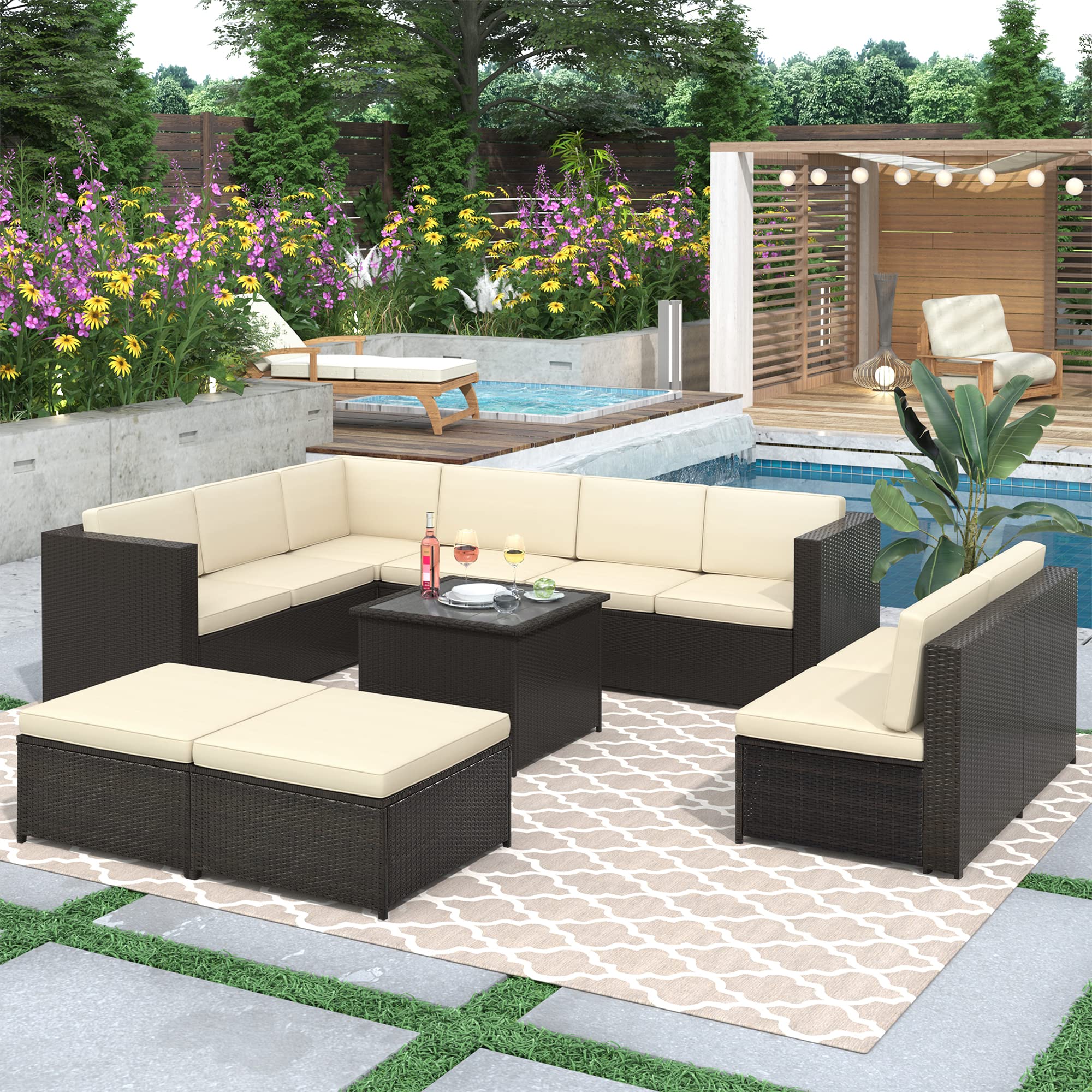 Merax 9 Piece Patio Furniture Set Outdoor Conversation PE Wicker Rattan Sectional Sofa, Coffee Table and Ottoman, Beige