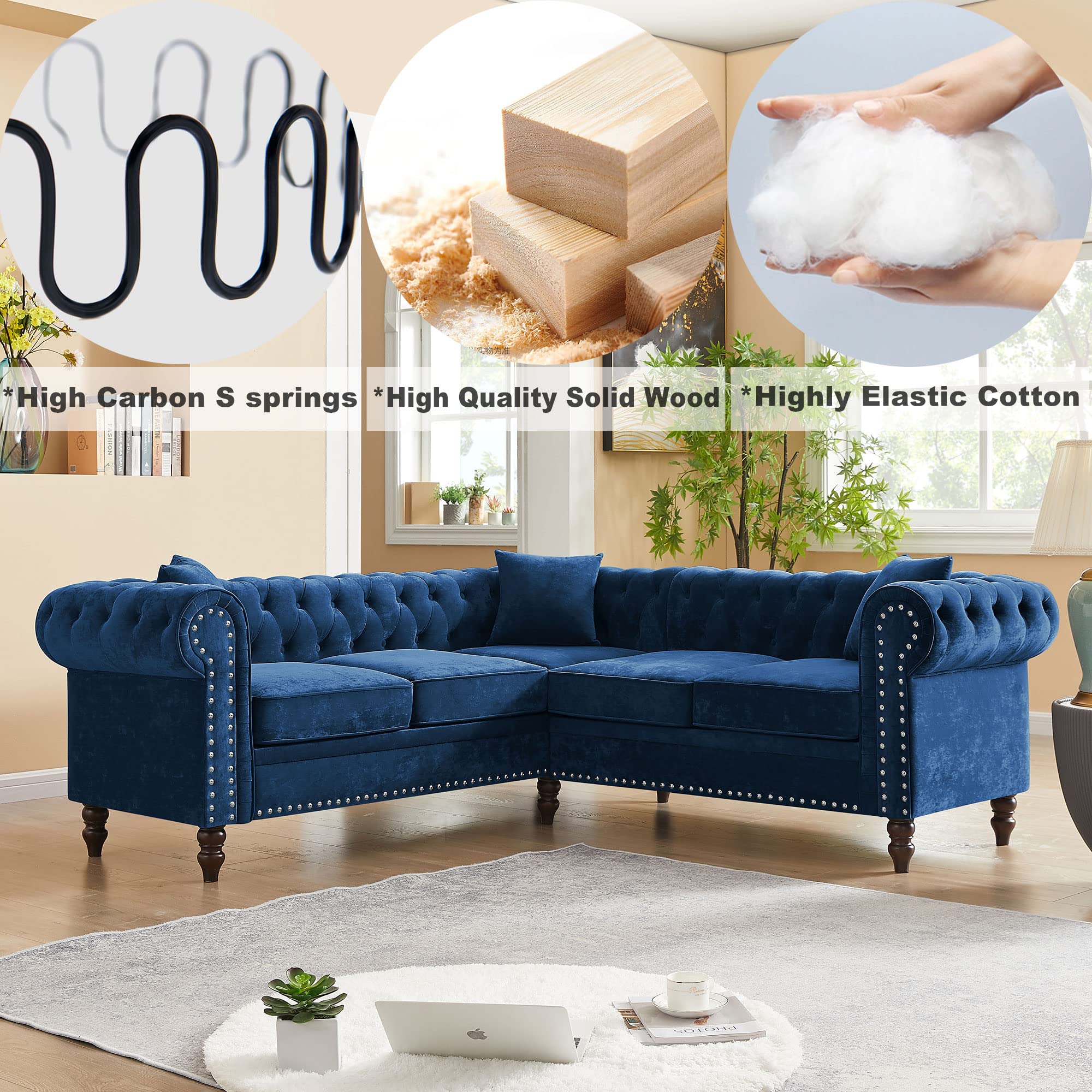Eafurn 80” L Shaped Chesterfield Sectional, Deep Button Tufted Upholstered Corner Rolled Arm and Nailhead,Classic Symmetrical Sofa & Couches with 3 Pillows,Solid Wood Gourd Legs, Blue