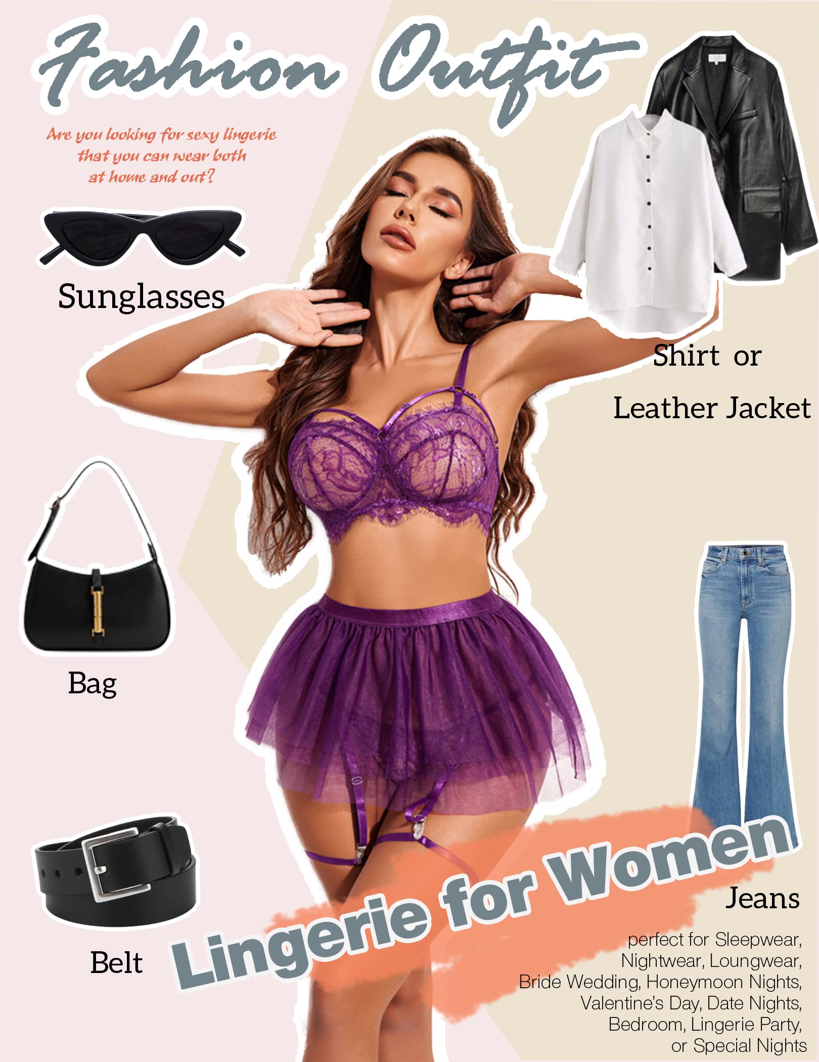 Avidlove Lingerie for Women Strap Babydoll Bodysuit with Garter Belts (Purple, Small)