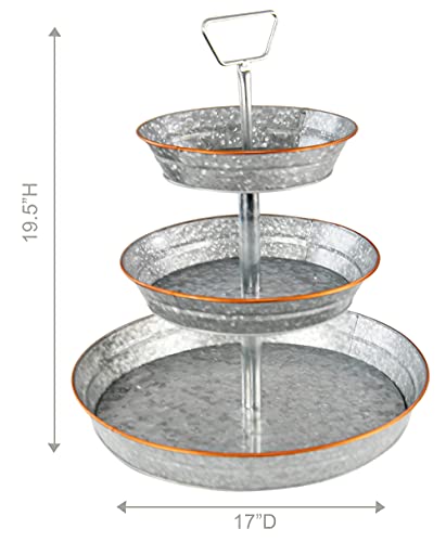 HOME-X Galvanized 3-Tier Stand, Rustic Home Decor, Farmhouse Kitchen Tray, Metal Fruit Stand and Dessert Stand, Tier Party Serving Tray, 17" D x 19 ½” H, Silver