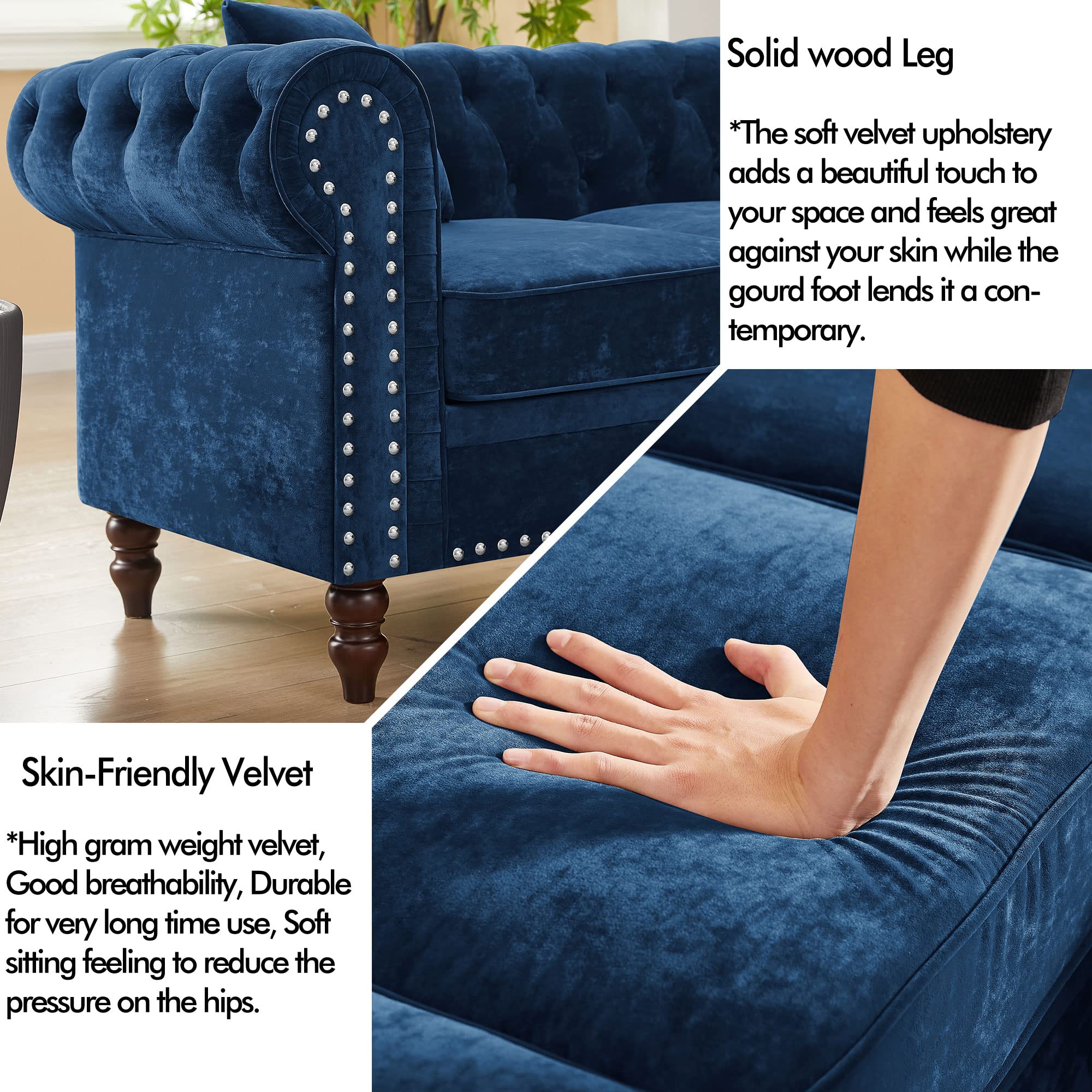 Eafurn 80” L Shaped Chesterfield Sectional, Deep Button Tufted Upholstered Corner Rolled Arm and Nailhead,Classic Symmetrical Sofa & Couches with 3 Pillows,Solid Wood Gourd Legs, Blue