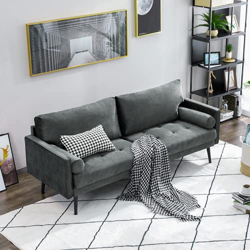 Vonanda Velvet Sofa Couch, Mid Century Modern Craftsmanship 73 inch 3-Seater Sofa with High-Density Sponge Comfy Soft Cushions and 2 Bolster Pillows for Compact Living Room, Grey
