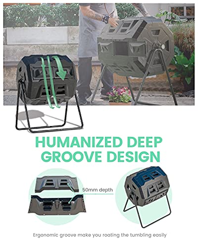 2021 Upgraded Tumbling Composter with Compost Thermometer - Dual Chamber Garden Compost Bin(43 Gal, Green)