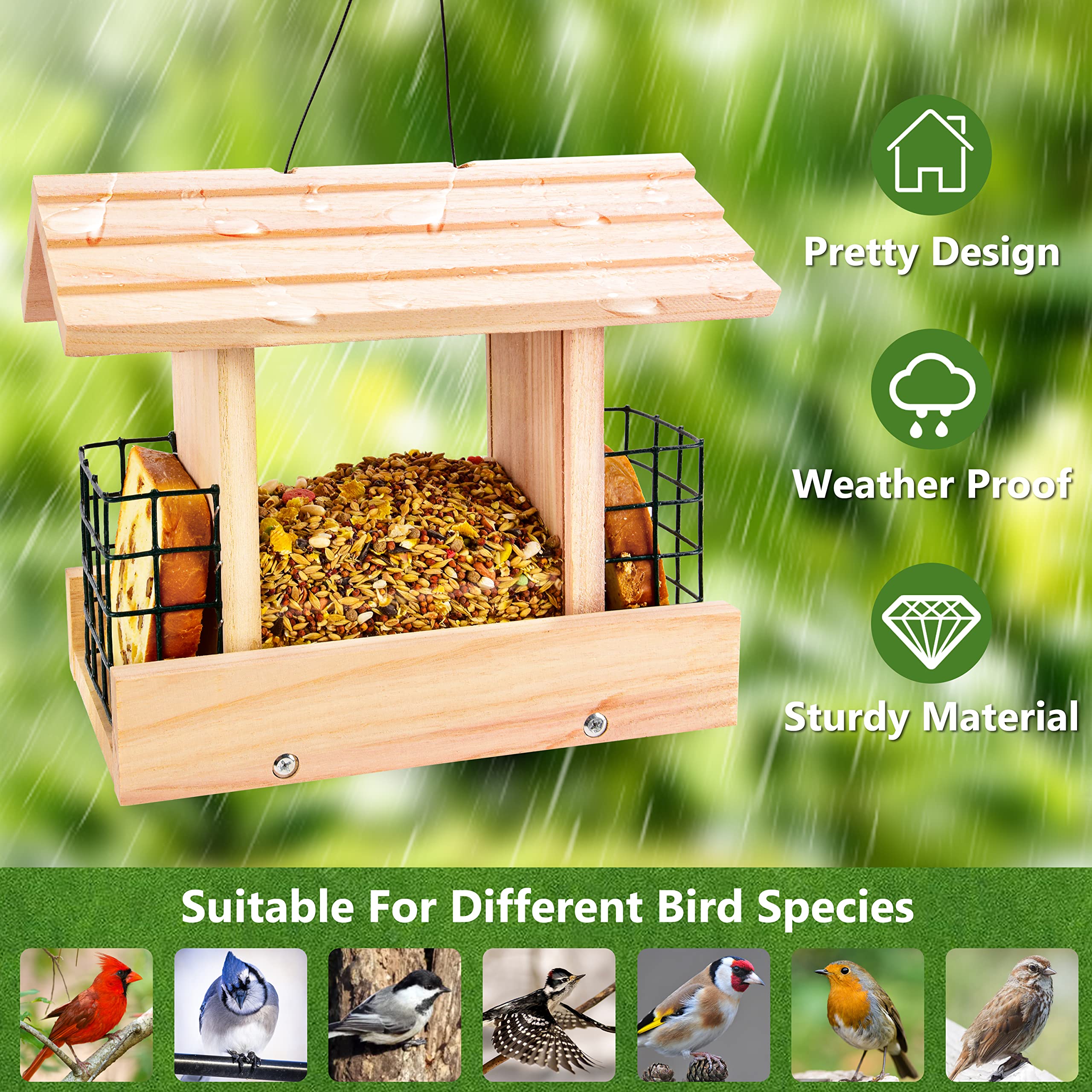 Bird Feeders for Outdoors Hanging - Wooden Bird Feeder Hopper, Cardinal Bird House Feeder, Large Bird Feeder with Suet Holder for Outside, Wild, Outdoors Hanging Pole