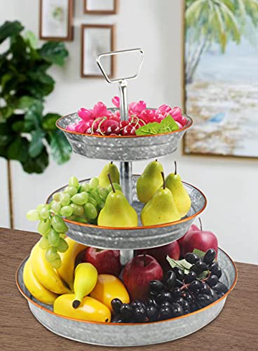 HOME-X Galvanized 3-Tier Stand, Rustic Home Decor, Farmhouse Kitchen Tray, Metal Fruit Stand and Dessert Stand, Tier Party Serving Tray, 17" D x 19 ½” H, Silver