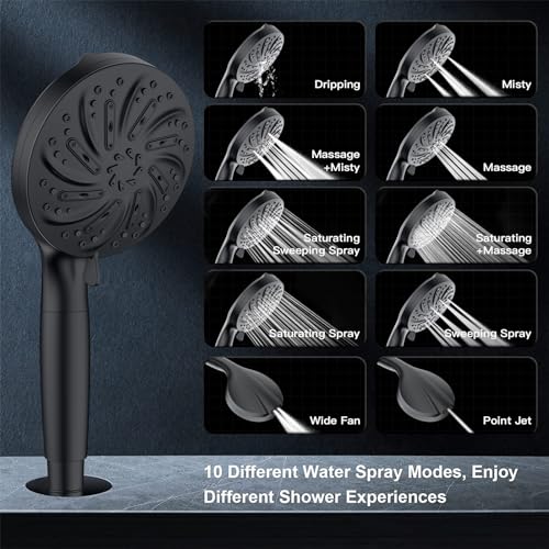 High Pressure Shower Head with Handheld - Filtered Shower Head with Pause and Jet 𝟏𝟎 Spray Modes, 5 Inch Removable Powerful High Pressure Showerhead with Extra Long Hose and Detachable Filter Wand