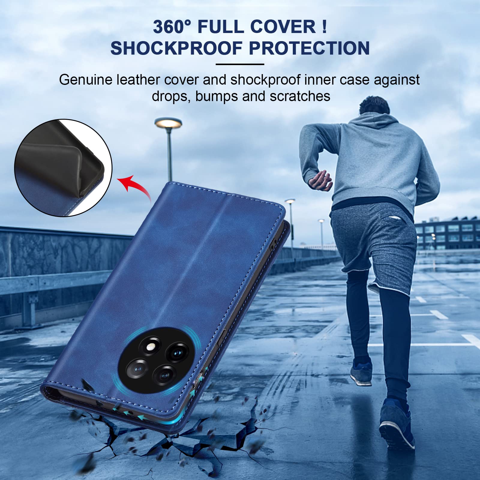 Jasonyu Flip Wallet Case for OnePlus 11 5G,Leather Magnetic Folio Cover with Card Holder,Kickstand - TPU Shockproof Durable Protective Phone Case,Blue