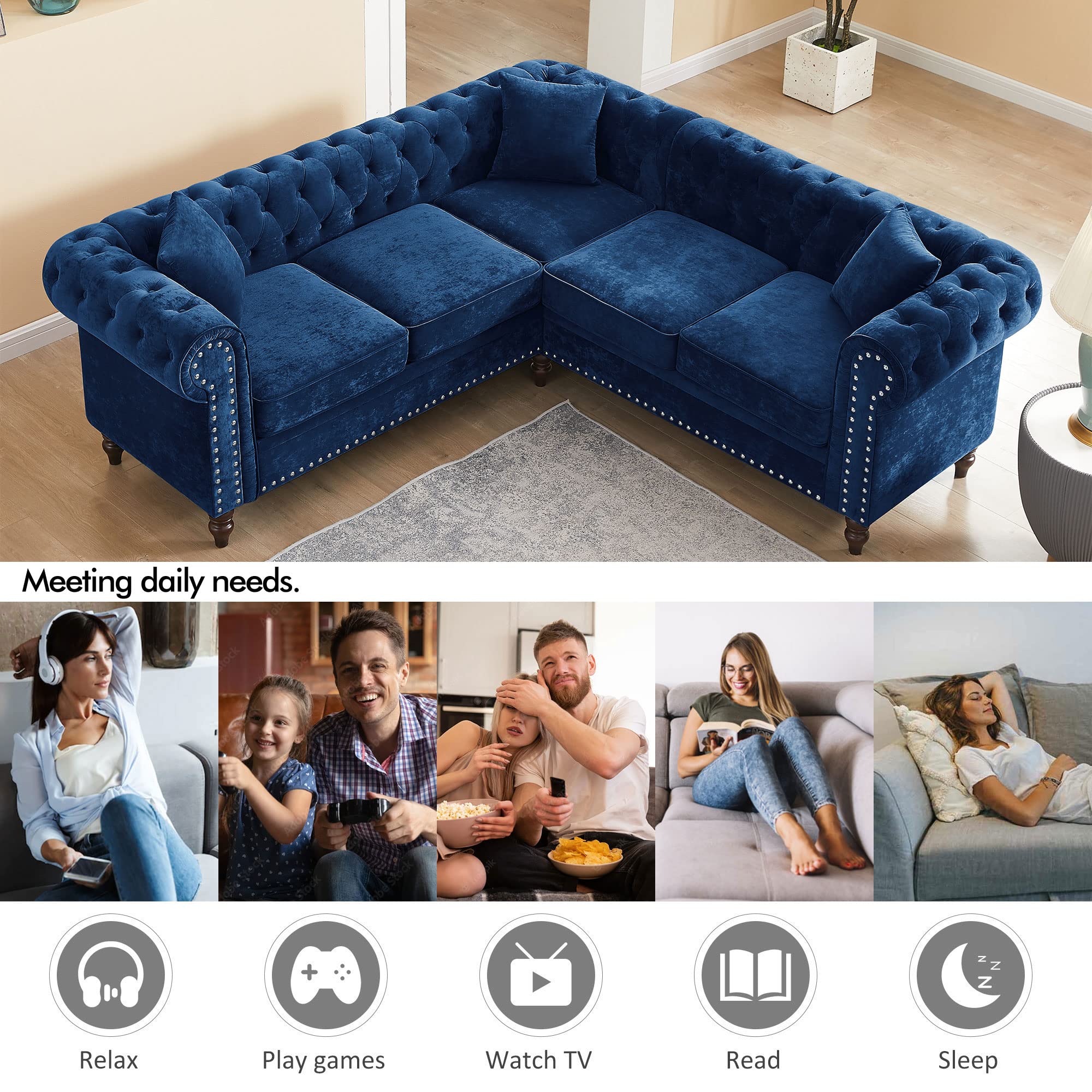 Eafurn 80” L Shaped Chesterfield Sectional, Deep Button Tufted Upholstered Corner Rolled Arm and Nailhead,Classic Symmetrical Sofa & Couches with 3 Pillows,Solid Wood Gourd Legs, Blue