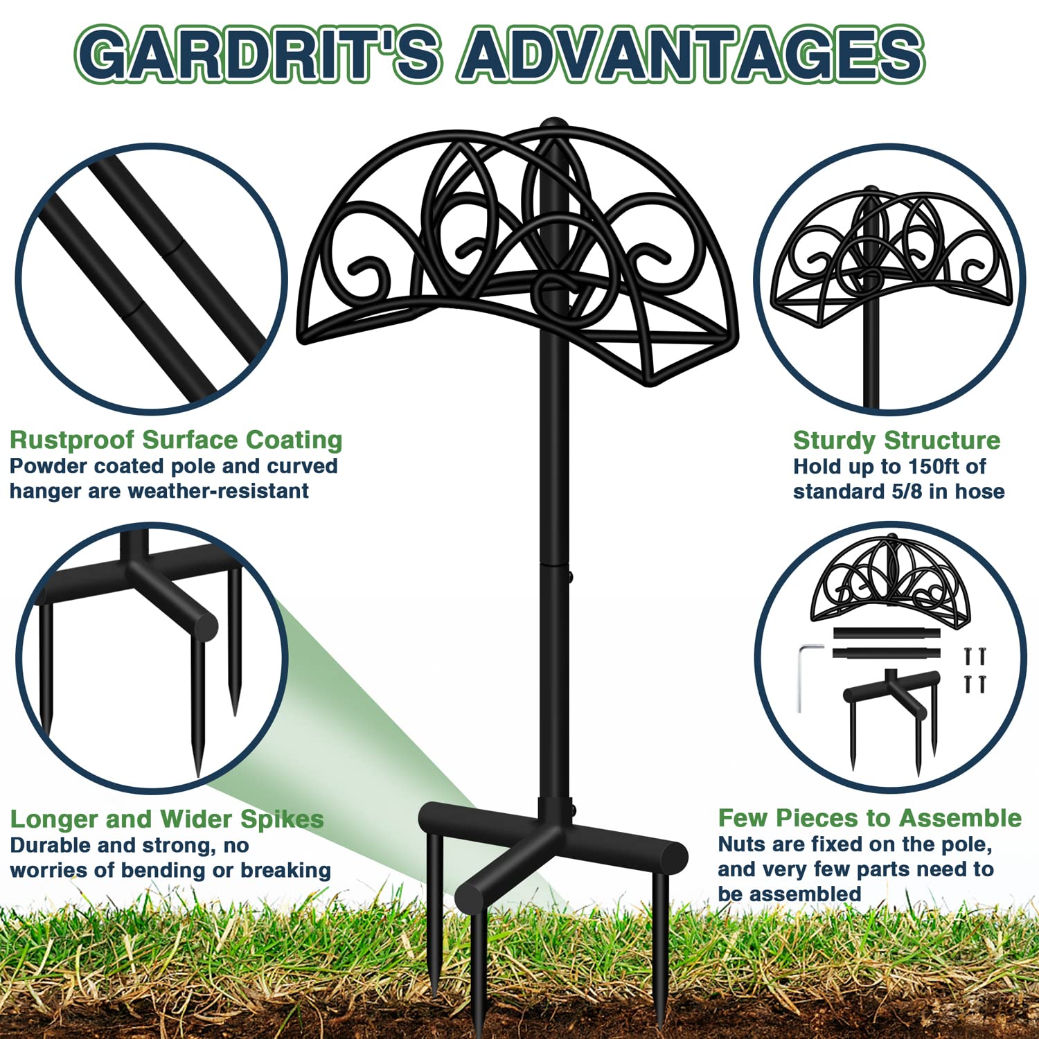 GARDRIT Garden Hose Holder, Black, Detachable, Easy Assembly, Rust Resistant