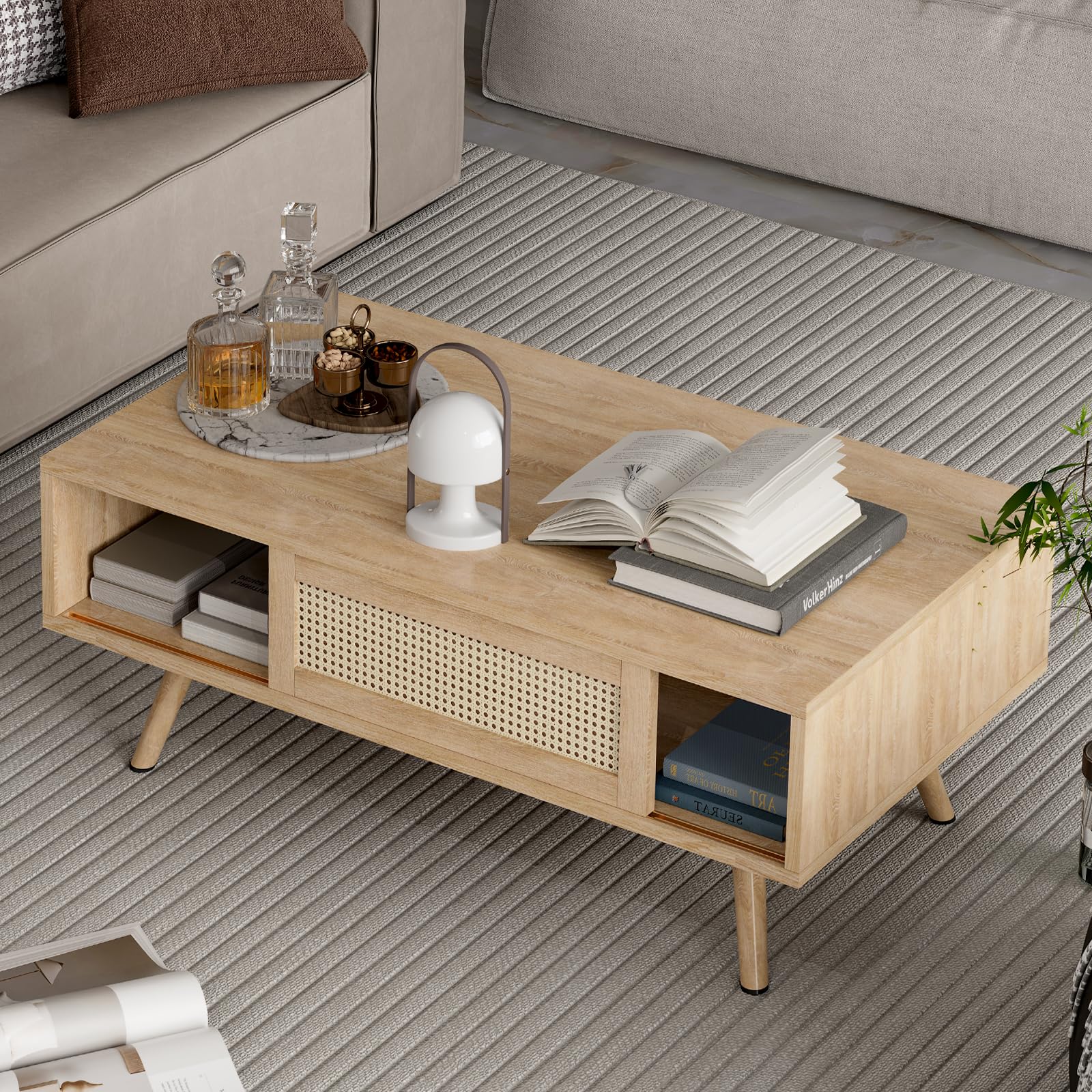 Forsho Rattan Coffee Table Mid Century Modern Coffee Table with Storage 41.3 Inch Wooden Accent Center Sofa Table with Sliding Woven Door Panel and Solid Wood Legs Perfect for Living Room