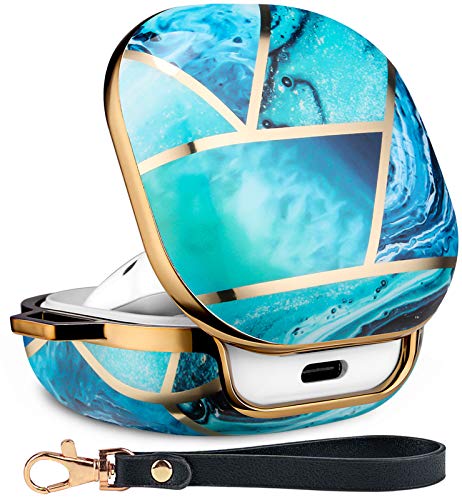 YOMPLOW Case Compatible with Samsung Galaxy Buds Live/Buds Pro - 2021 Hard Carrying Case Protective Wireless Charging Cover Skin with Keychain for Women&Girls (Blue Marble)
