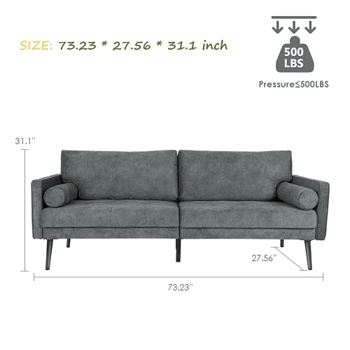 Vonanda Velvet Sofa Couch, Mid Century Modern Craftsmanship 73 inch 3-Seater Sofa with High-Density Sponge Comfy Soft Cushions and 2 Bolster Pillows for Compact Living Room, Grey