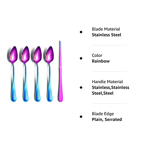 Grapefruit Spoons & Grapefruit Knife, Stainless Steel Grapefruit Utensil Set, Serrated Edge & Thick Gauge Handle, Rainbow Kitchen Tool with Non-stick Plating for Kiwi, Dessert, Apple (5 PCS)