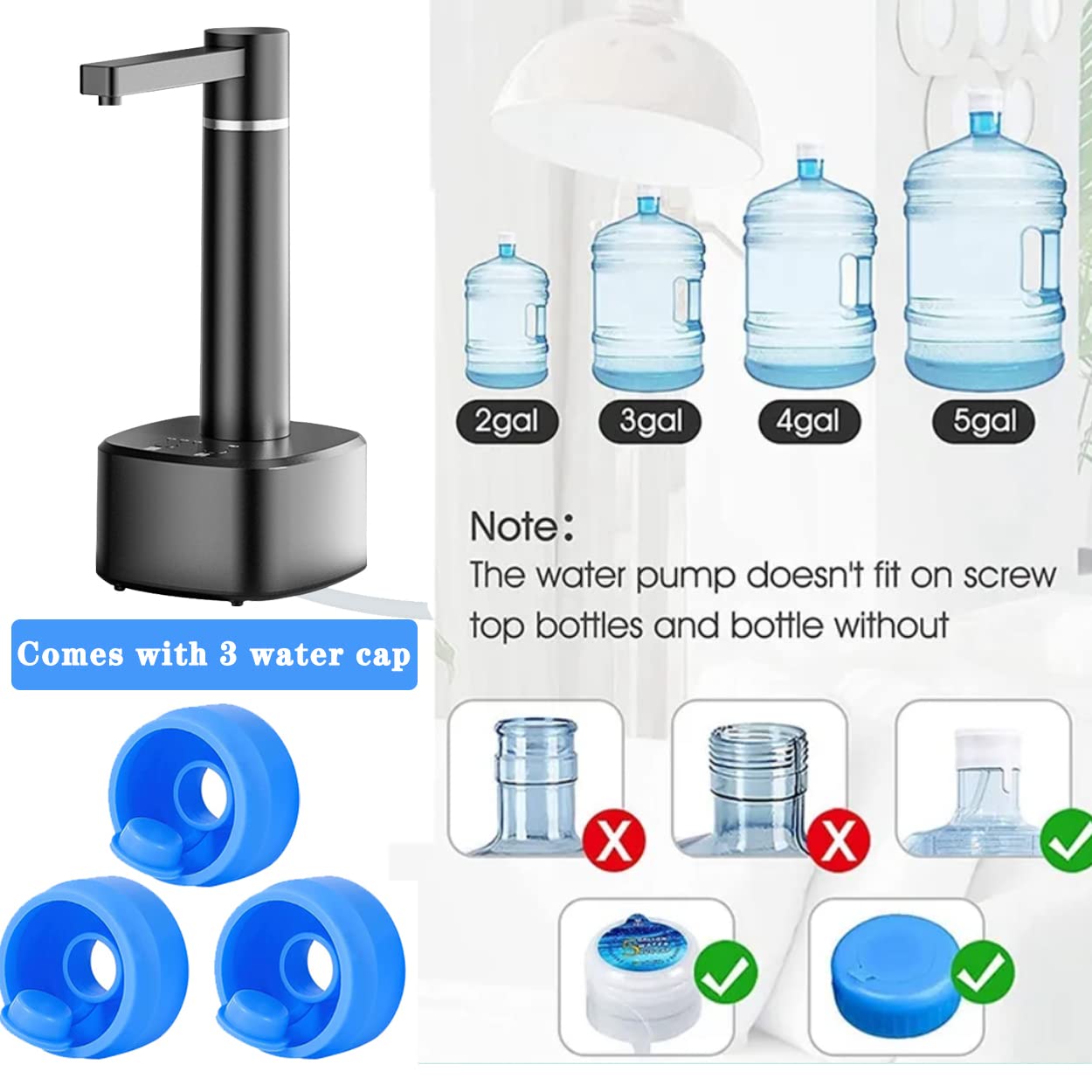 Desktop Water Dispenser for 5 Gallon Bottle, Electric Water Pump Portable USB Charging with 3 Water Jug Cap for Home, Office, Outdoor, Automatic Drinking Water Dispenser