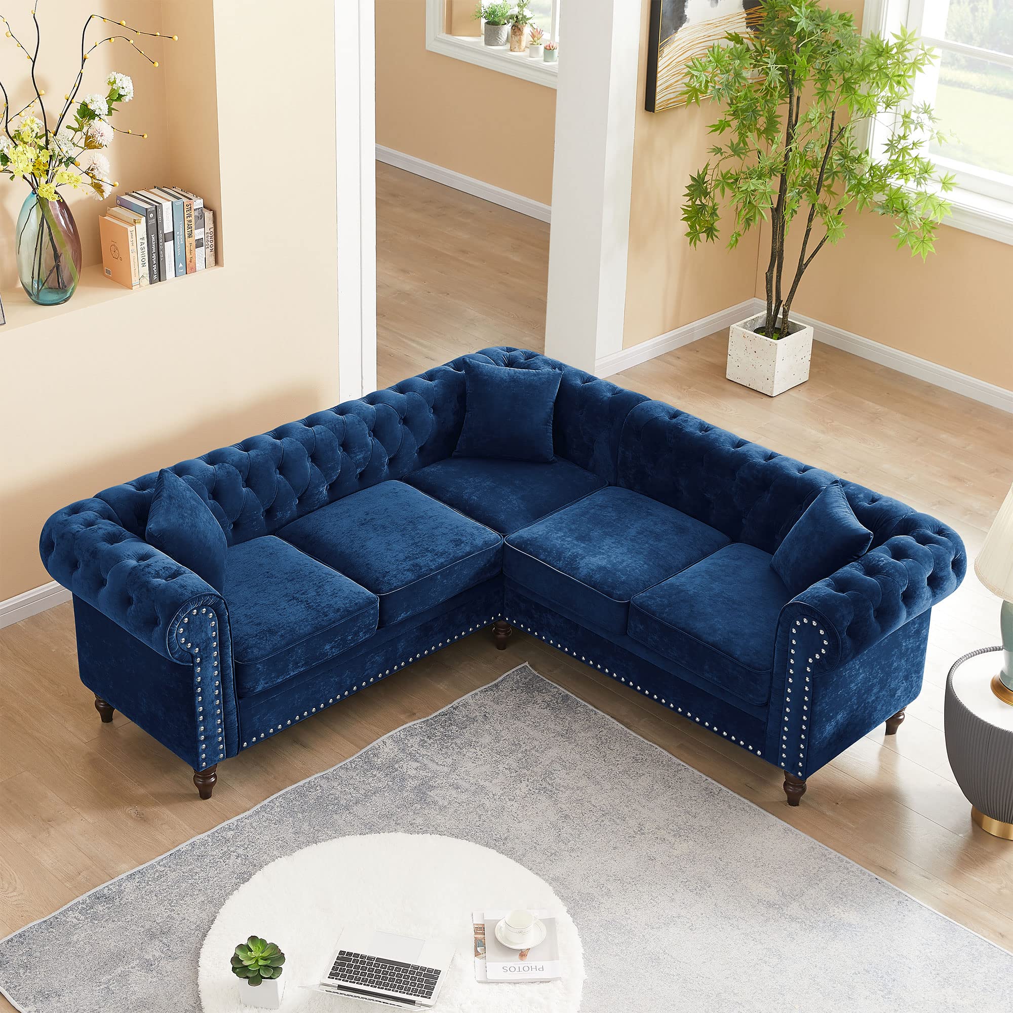 Eafurn 80â L Shaped Chesterfield Sectional, Deep Button Tufted Upholstered Corner Rolled Arm and Nailhead,Classic Symmetrical Sofa & Couches with 3 Pillows,Solid Wood Gourd Legs, Blue