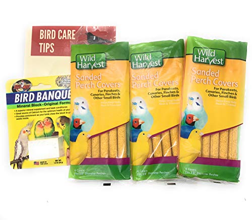 Generic Sanded Bird Perch Cover Bundle Includes: (3) Packs of 6 Perch Covers (Total of 18 Covers), (1) Mineral Block Supplement, and (1) Laminated Bird Tips Card.