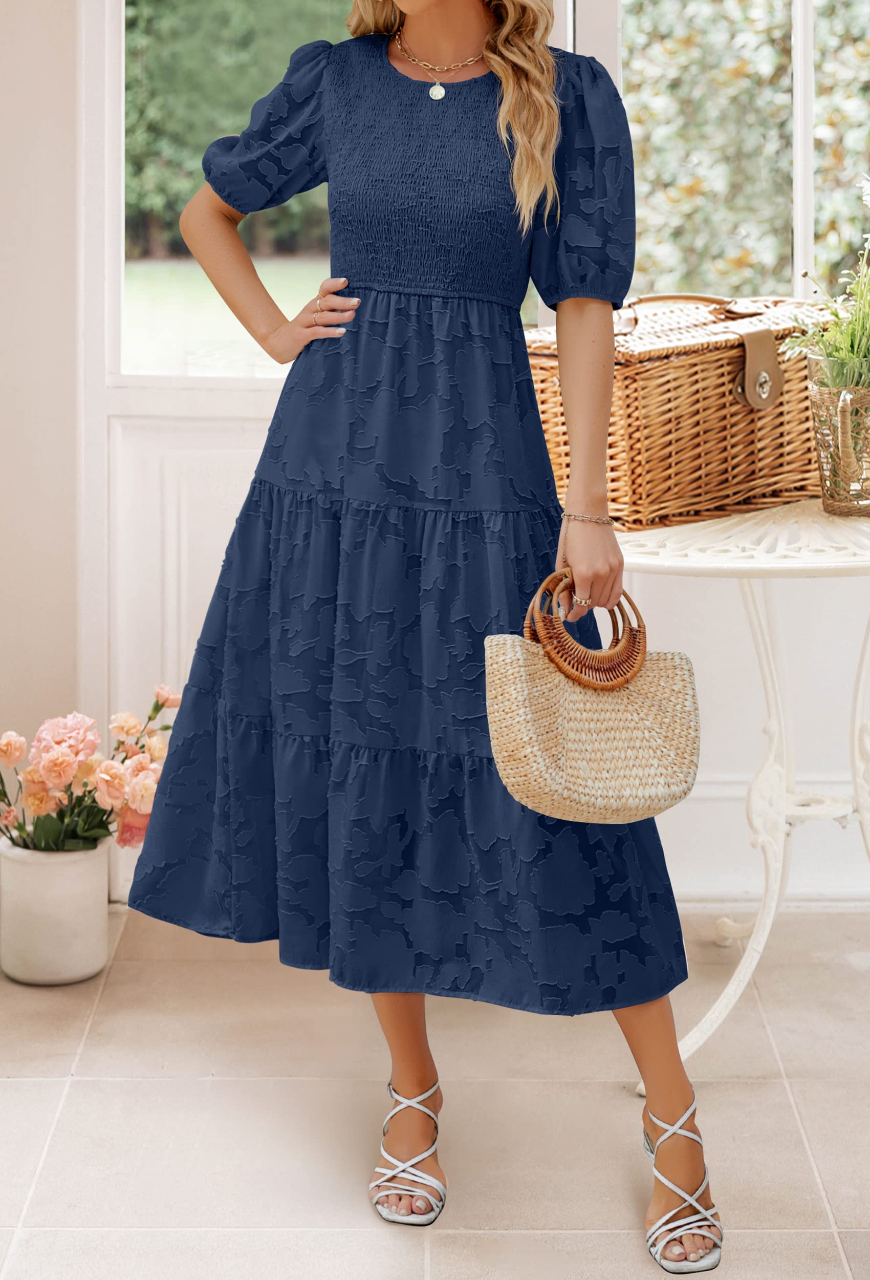 ZESICA Women's 2025 Summer Short Puff Sleeve Crewneck Smocked Floral Lace Flowy A Line Tiered Maxi Dresses,Navy,Small