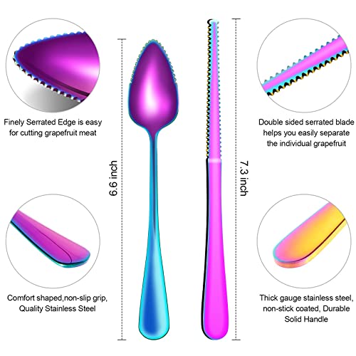 Grapefruit Spoons & Grapefruit Knife, Stainless Steel Grapefruit Utensil Set, Serrated Edge & Thick Gauge Handle, Rainbow Kitchen Tool with Non-stick Plating for Kiwi, Dessert, Apple (5 PCS)
