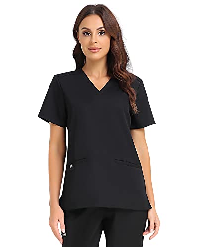 COMENII Scrub Tops for Women, 3 Pocket Soft V-Neck Tailored Fit Workwear, Anti-Wrinkle Medical Scrubs for Women(Black M)
