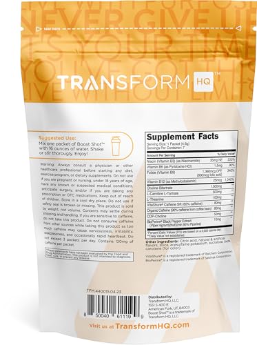 TransformHQ Boost Shot Powder Drink Stick Packets, Orange Blast, 7 Pack, Energy Supplements for Women & Men, with Caffeine, Vitamin B12, B9, B6 & B3