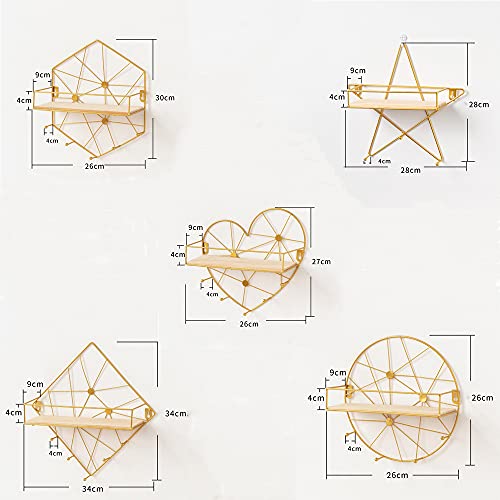 Floating Wall Shelves,Geometry Wall Mounted Storage Shelves,Iron Wall Decorative Storage Racks Holders for Living Room Bedroom Kitchen Bathroom Decoration Racks (Gold,Star)