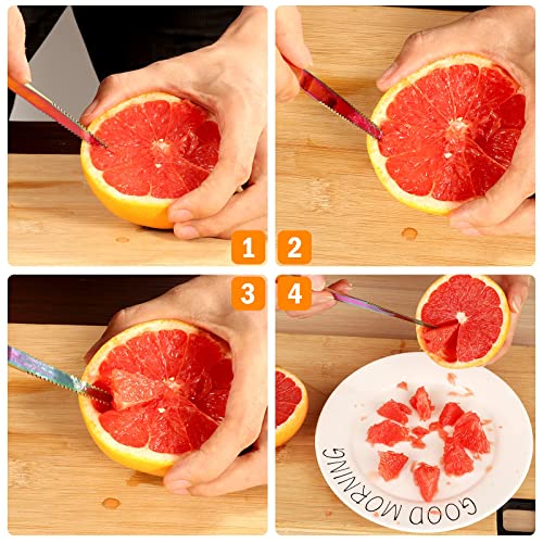 Grapefruit Spoons & Grapefruit Knife, Stainless Steel Grapefruit Utensil Set, Serrated Edge & Thick Gauge Handle, Rainbow Kitchen Tool with Non-stick Plating for Kiwi, Dessert, Apple (5 PCS)