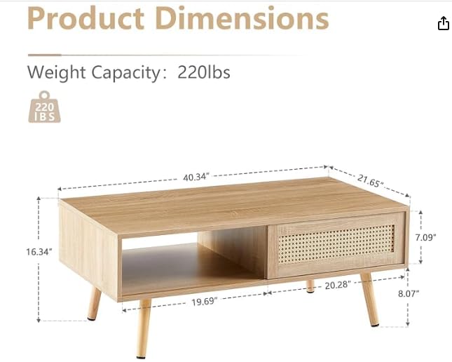 Forsho Rattan Coffee Table Mid Century Modern Coffee Table with Storage 41.3 Inch Wooden Accent Center Sofa Table with Sliding Woven Door Panel and Solid Wood Legs Perfect for Living Room